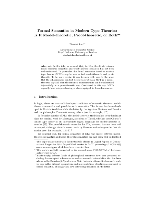 Pdf Model Vs Proof Formal Semantics In Mtts