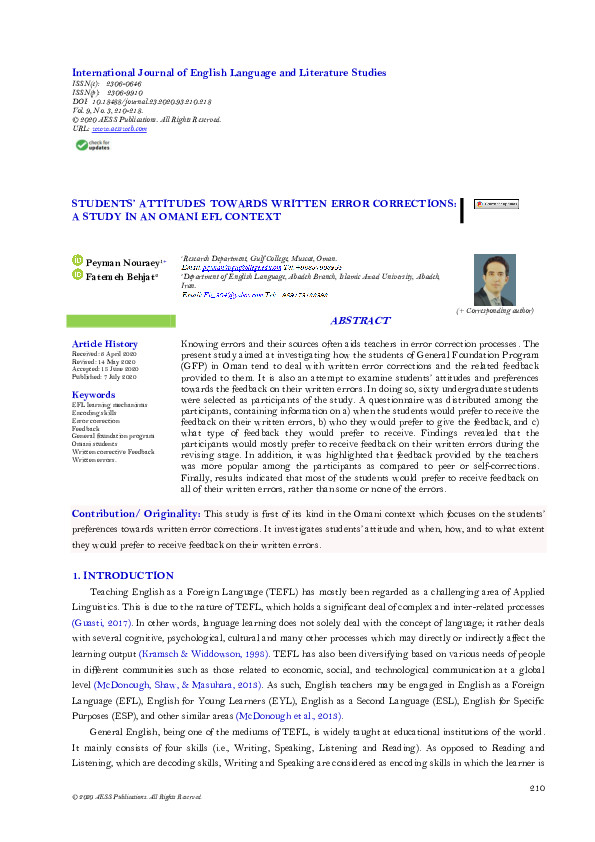 (PDF) Students’ Attitudes towards Written Error Corrections: A Study in an Omani EFL Context