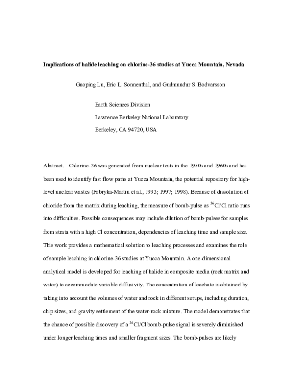 (PDF) Implications of halide leaching on36Cl studies at Yucca Mountain ...