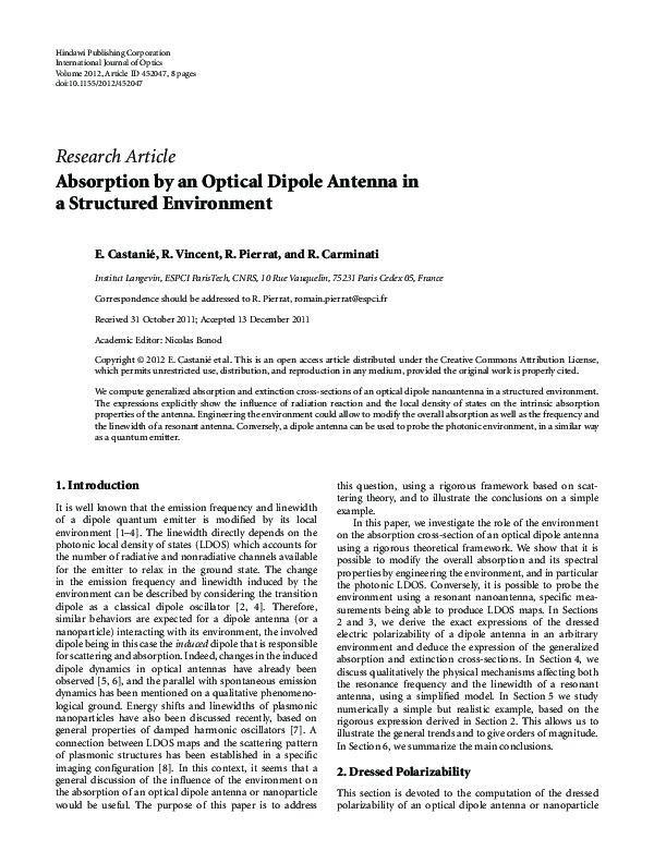 (PDF) Absorption by an Optical Dipole Antenna in a Structured Environment