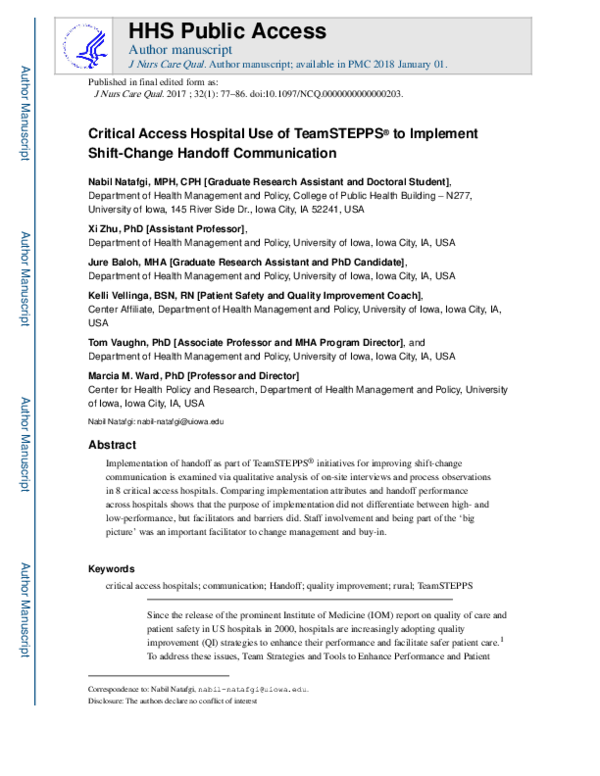 (PDF) Critical Access Hospital Use of TeamSTEPPS to Implement Shift ...