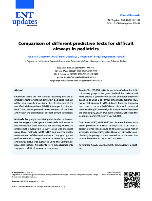 (PDF) Comparison of different predictive tests for difficult airways in ...