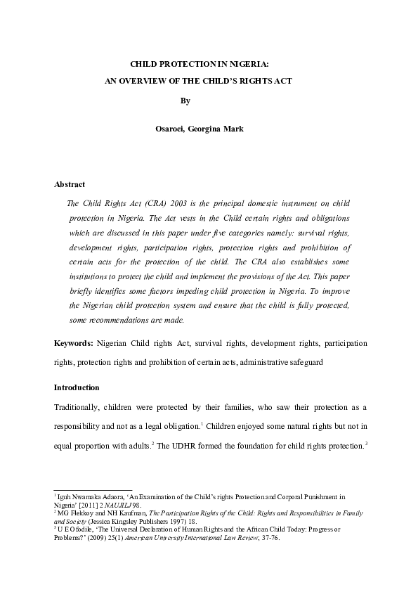 (DOC) CHILD PROTECTION IN NIGERIA: AN OVERVIEW OF THE CHILD'S RIGHTS ACT