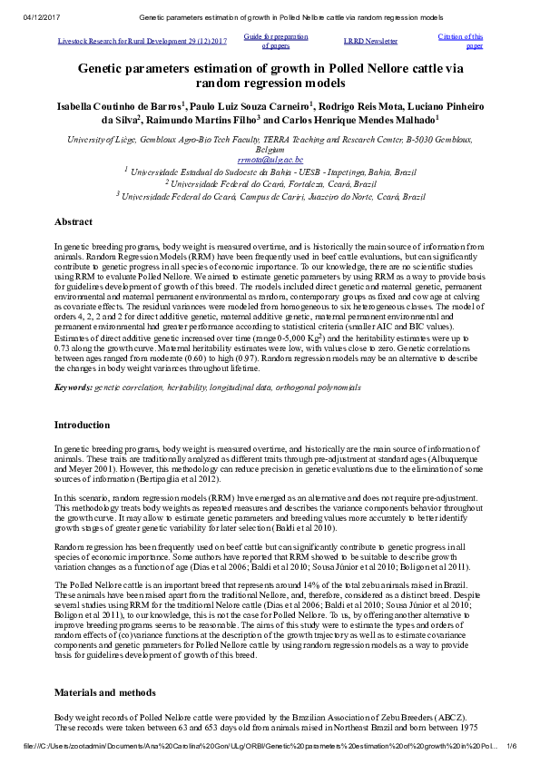 (PDF) Genetic parameters estimation of growth in Polled Nellore cattle via random regression models
