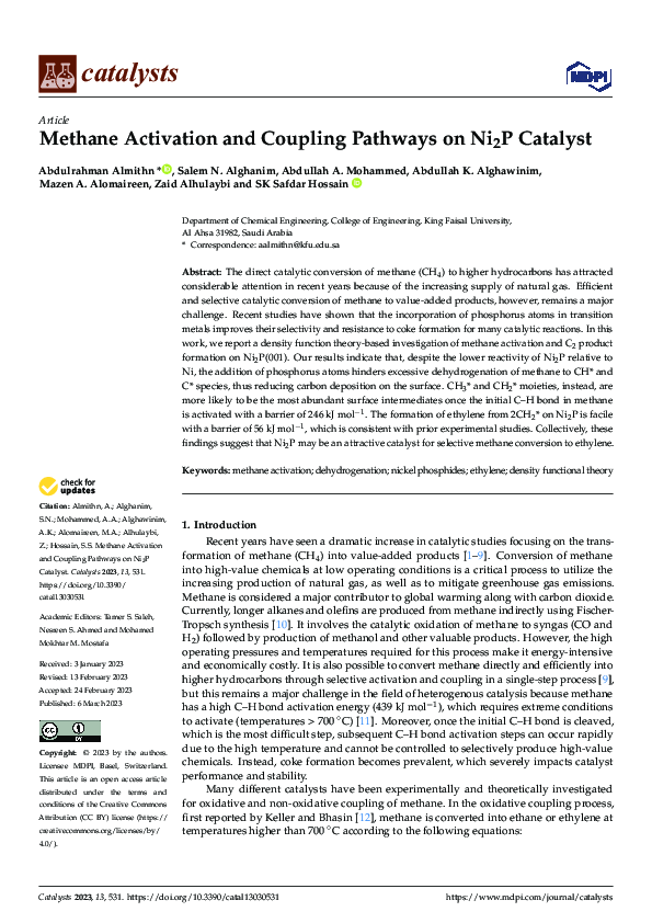 (PDF) Methane Activation and Coupling Pathways on Ni2P Catalyst