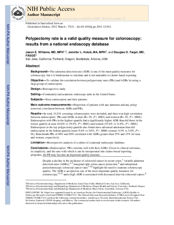 (PDF) Polypectomy rate is a valid quality measure for colonoscopy ...