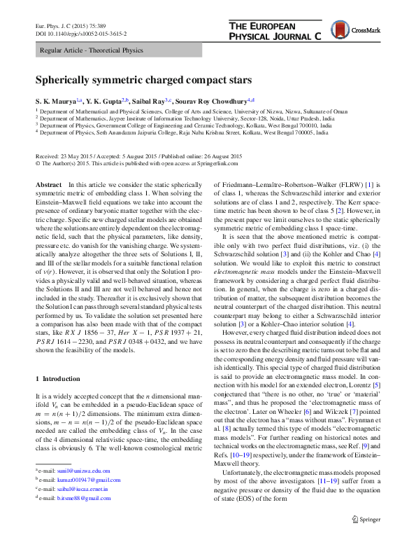 (PDF) Spherically symmetric charged compact stars