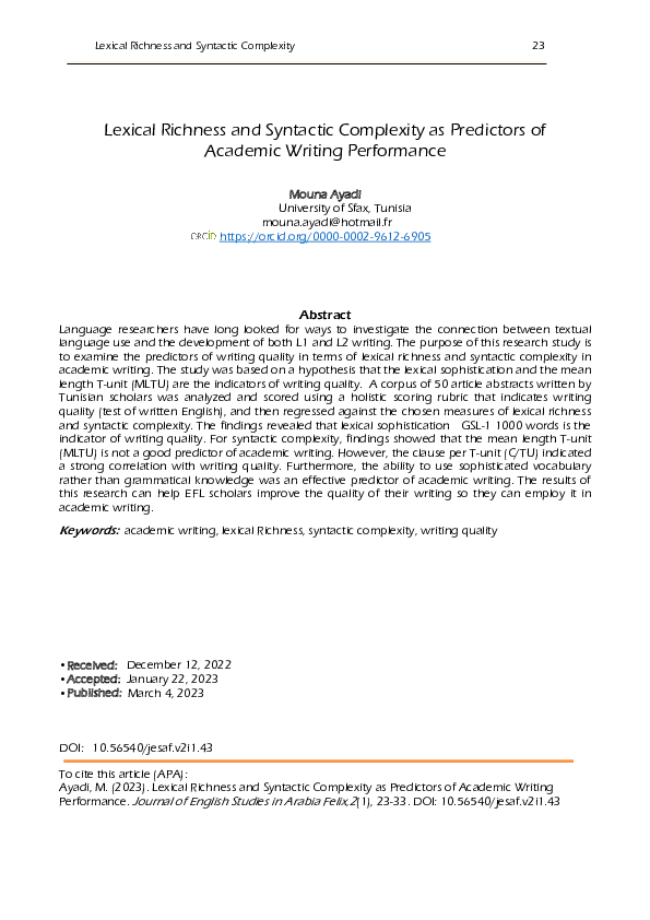 (PDF) Lexical Richness and Syntactic Complexity as Predictors of Academic Writing Performance