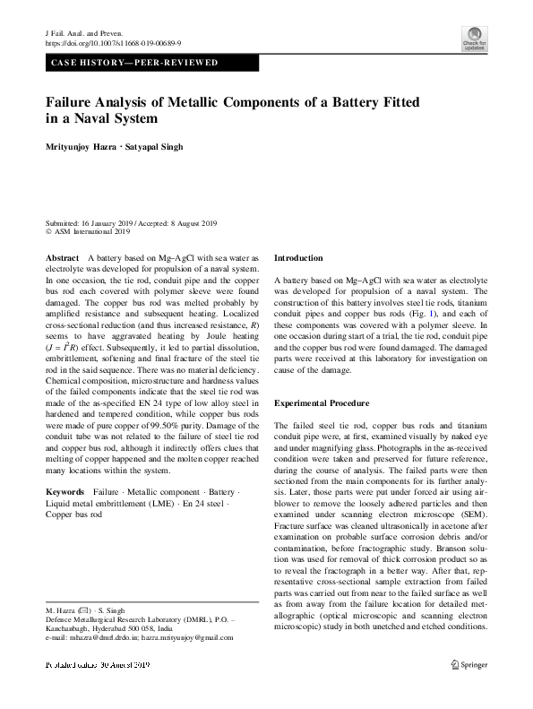 (PDF) Failure Analysis of Metallic Components of a Battery Fitted in a ...