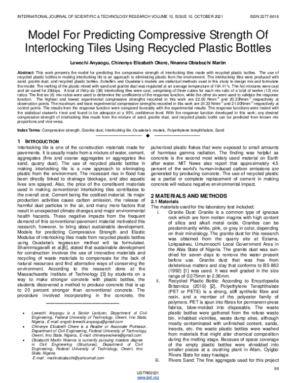 (PDF) Model For Predicting Compressive Strength Of Interlocking Tiles ...
