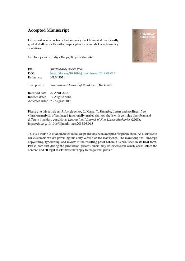 Pdf Linear And Nonlinear Free Vibration Analysis Of Laminated Functionally Graded Shallow