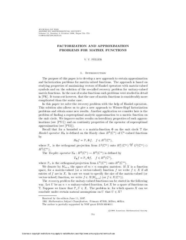 (PDF) Factorization and approximation problems for matrix functions