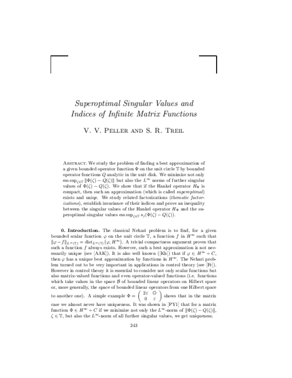 Pdf Superoptimal Singular Values And Indices Of Infinite Matrix Functions