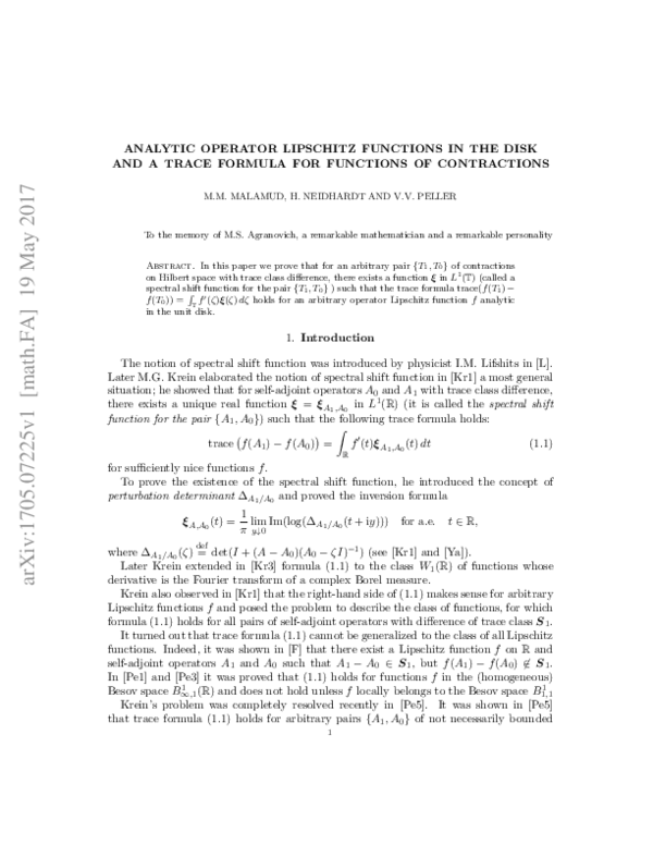 Pdf Analytic Operator Lipschitz Functions In The Disk And A Trace Formula For Functions Of