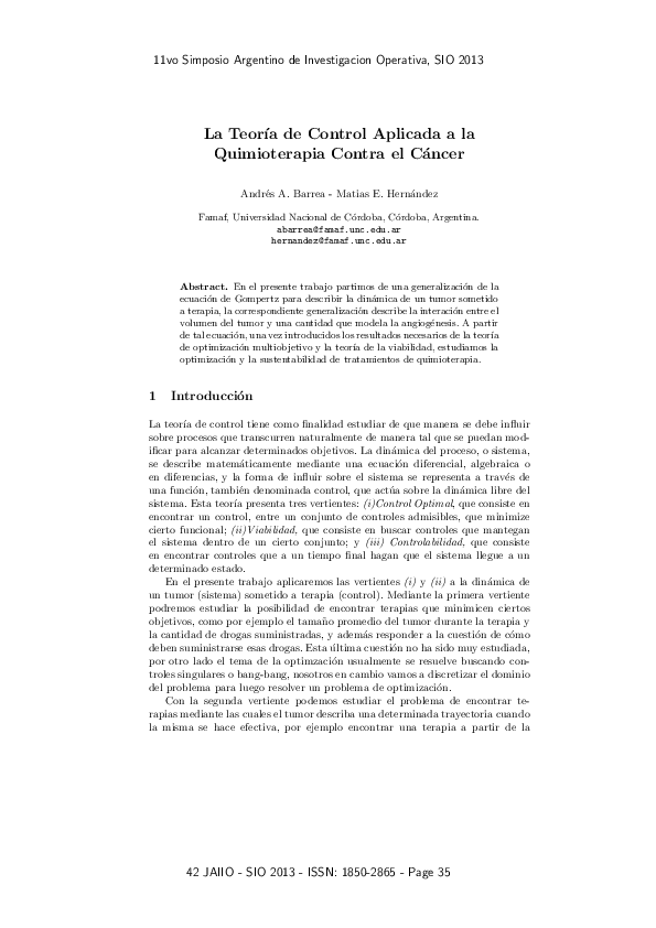 (PDF) La Teor¶‡a de Control Aplicada a la Quimioterapia Contra el Cancer
