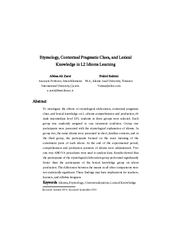 (PDF) Etymology, Contextual Pragmatic Clues, and Lexical Knowledge in ...