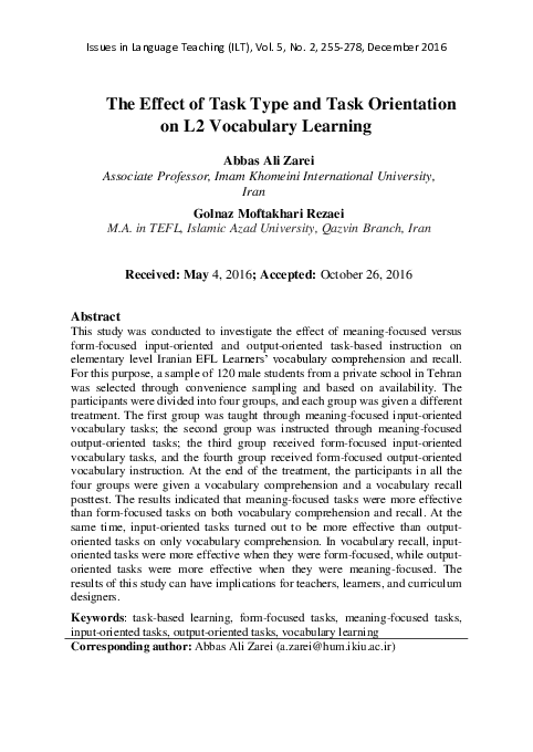 (PDF) Task Type Impact on L2 Vocabulary Learning