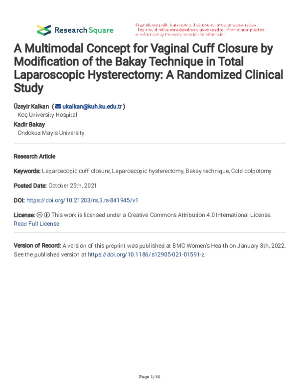 (PDF) A Multimodal Concept for Vaginal Cuff Closure by Modification of ...