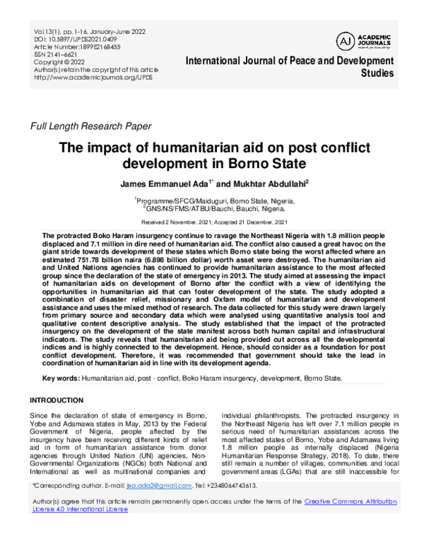 (PDF) The impact of humanitarian aid on post conflict development in ...