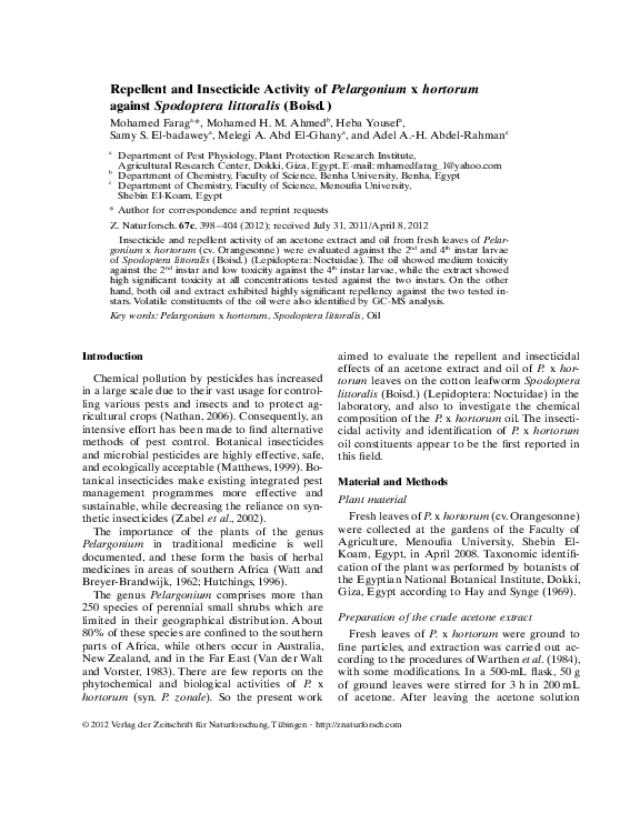 (PDF) Repellent and Insecticide Activity of Pelargonium x hortorum against Spodoptera littoralis ...