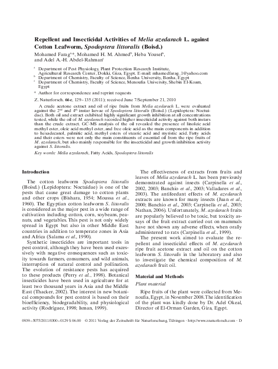 (PDF) Repellent and Insecticidal Activities of Melia azedarach L. against Cotton Leafworm ...