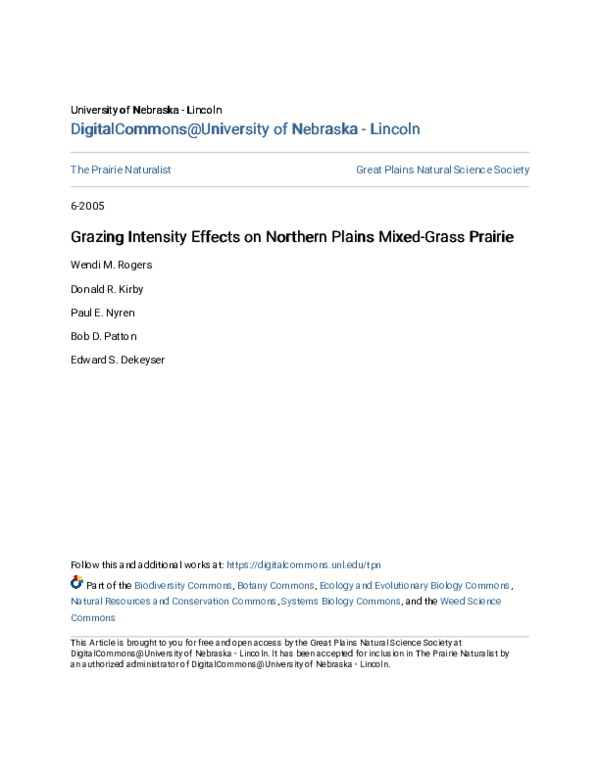 (PDF) Grazing Intensity Effects on Northern Plains Mixed Grass Prairie