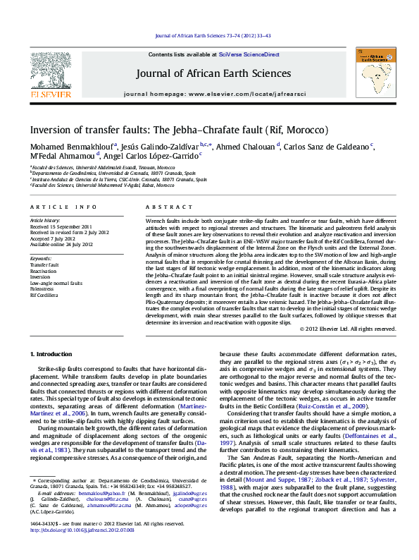 (PDF) Inversion of transfer faults: The Jebha–Chrafate fault (Rif, Morocco)