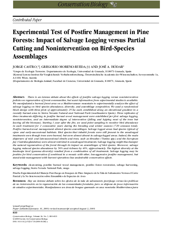 (PDF) Experimental Test of Postfire Management in Pine Forests: Impact ...