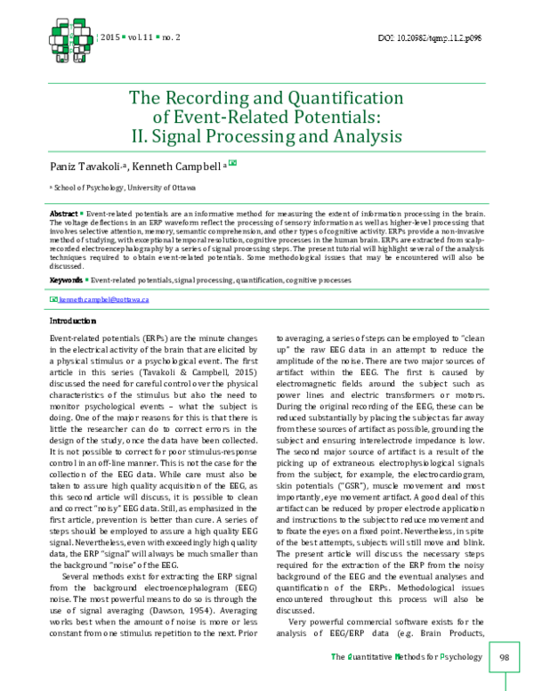 (PDF) The Recording and Quantification of Event-Related Potentials: II. Signal Processing and ...