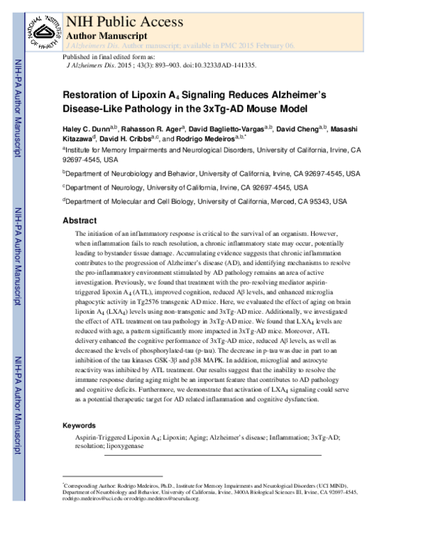 (PDF) Restoration of lipoxin A4 signaling reduces Alzheimer's disease ...