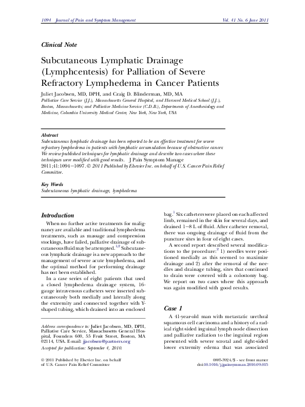 (PDF) Subcutaneous Lymphatic Drainage (Lymphcentesis) for Palliation of ...