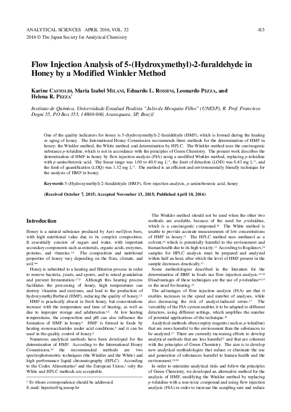 Pdf Flow Injection Analysis Of 5 Hydroxymethyl 2 Furaldehyde In Honey By A Modified Winkler
