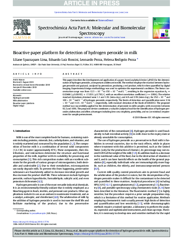 (PDF) Bioactive paper platform for detection of hydrogen peroxide in milk