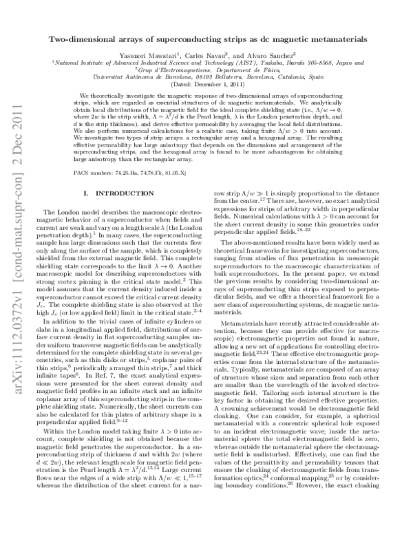 (PDF) Two-dimensional arrays of superconducting strips as dc magnetic metamaterials
