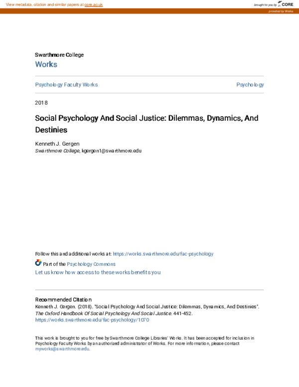 (PDF) Social Psychology and Social Justice: Dilemmas, Dynamics, and ...