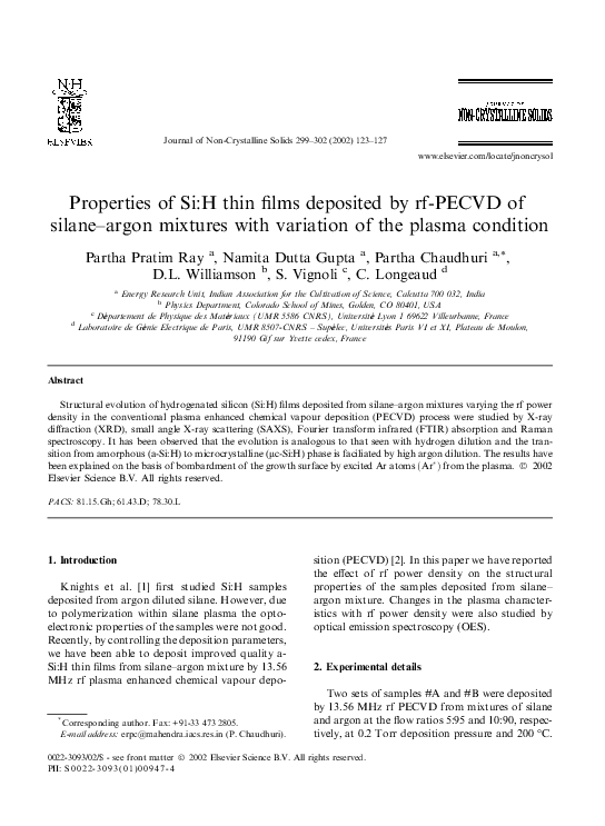 (PDF) Properties of Si:H thin films deposited by rf-PECVD of silane ...