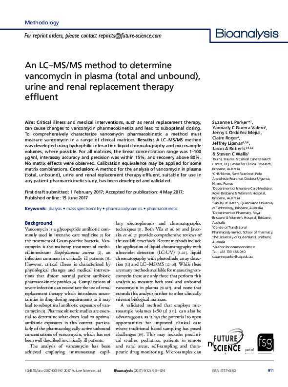 (PDF) An LC-MS/MS method to determine vancomycin in plasma (total and ...
