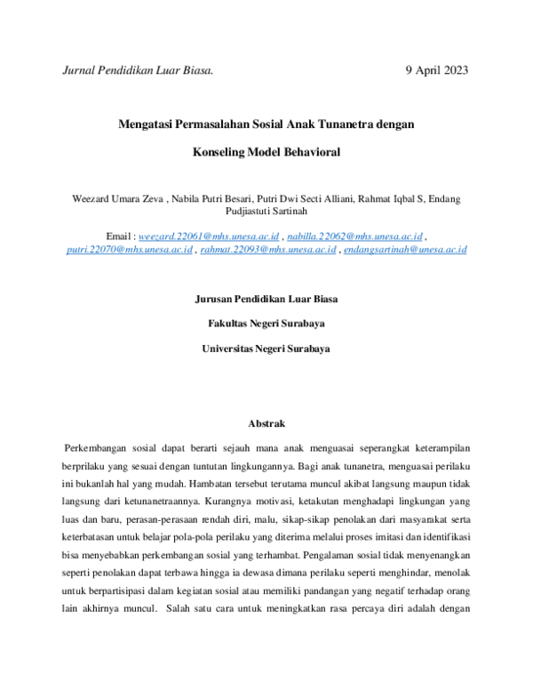 (PDF) Mengatasi Permasalahan Sosial Anak Tunanetra dengan Konseling Model Behavioral