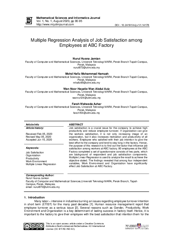 (PDF) Multiple Regression Analysis of Job Satisfaction among Employees at ABC Factory