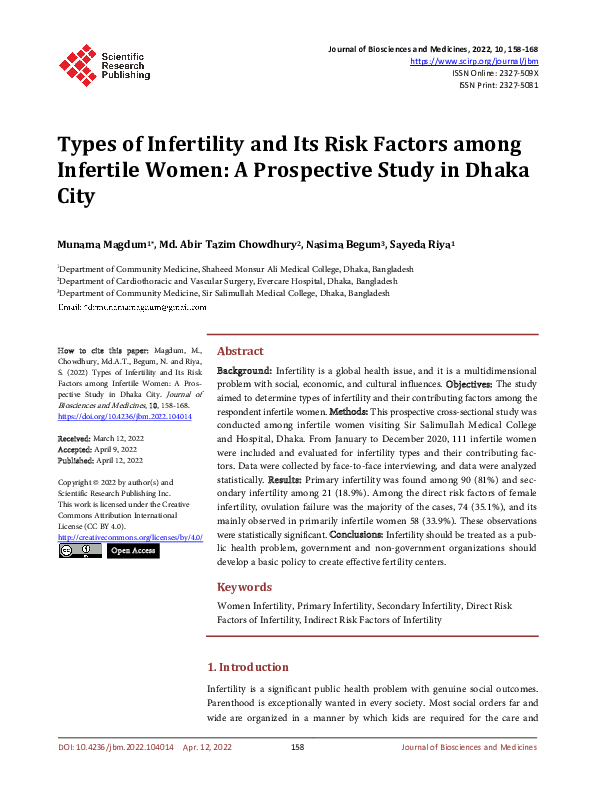 (PDF) Types of Infertility and Its Risk Factors among Infertile Women ...