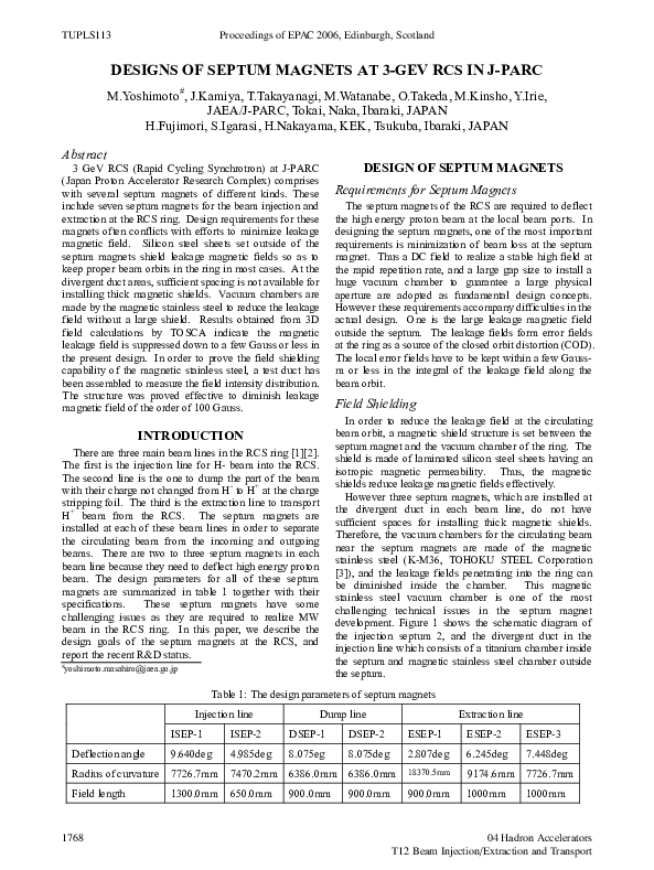 (PDF) Designs of Septum Magnets at 3-GEV RCS in J-Parc