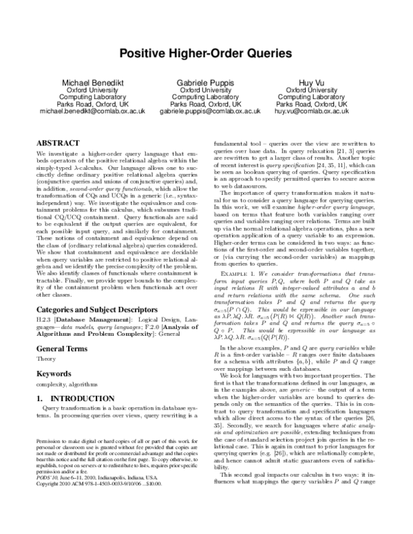 (PDF) Complexity of higher-order queries