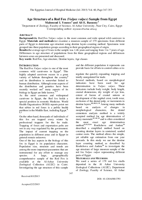 (PDF) Age Structure of a Red Fox ( Vulpes Vulpes ) Sample from Egypt