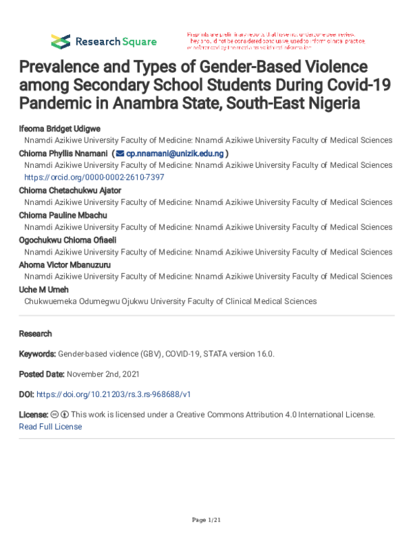 (PDF) Prevalence and Types of Gender-Based Violence among Secondary School Students During Covid ...