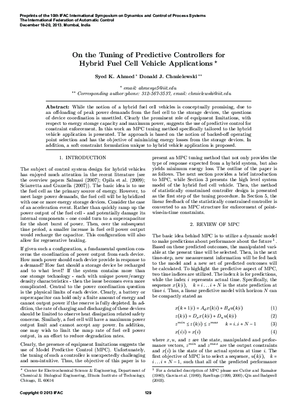 (PDF) On the Tuning of Predictive Controllers for Hybrid Fuel Cell Vehicle Applications