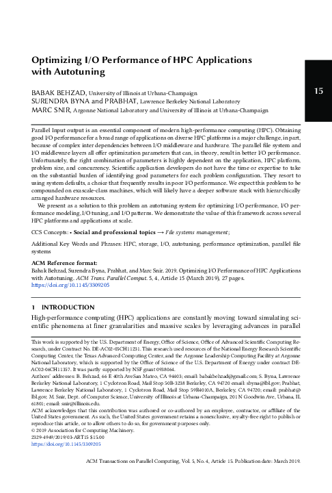 Pdf Optimizing I O Performance Of Hpc Applications With Autotuning