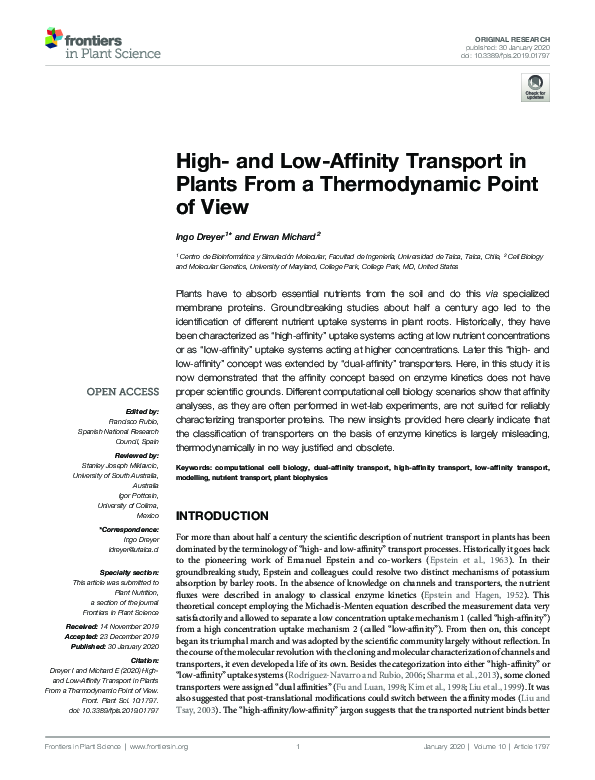 (PDF) High- and Low-Affinity Transport in Plants From a Thermodynamic ...
