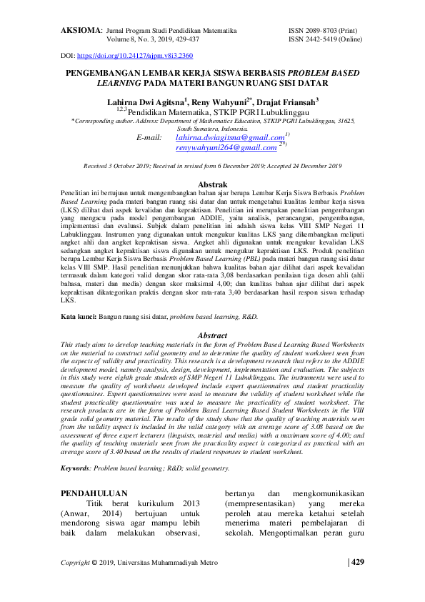 (PDF) Pengembangan Lembar Kerja Siswa Berbasis Problem Based Learning Pada Materi Bangun Ruang ...