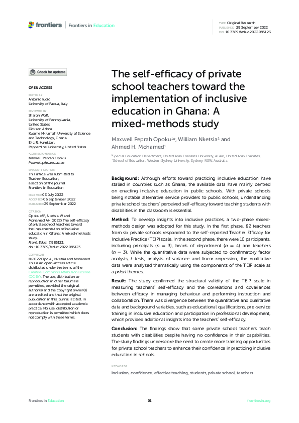 (PDF) The self-efficacy of private school teachers toward the implementation of inclusive ...