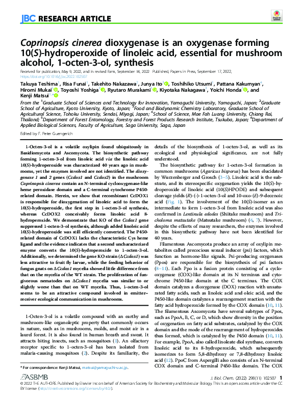 (PDF) Coprinopsis cinerea dioxygenase is an oxygenase forming 10(S ...